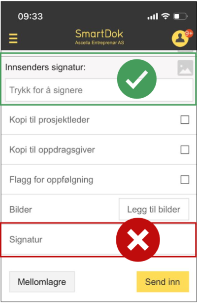 Endring av signaturfelt på innsendt skjema i SmartDok-appen